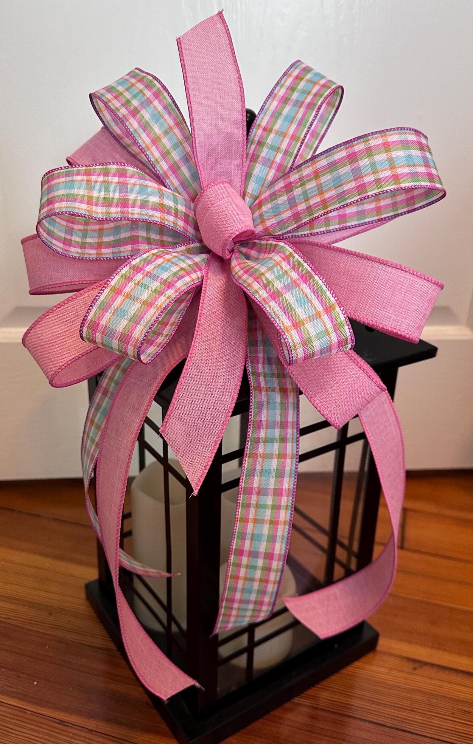 Spring Wreath Bow, Pink Plaid Wreath Bow, Lantern Bow, Lamppost Bow ...