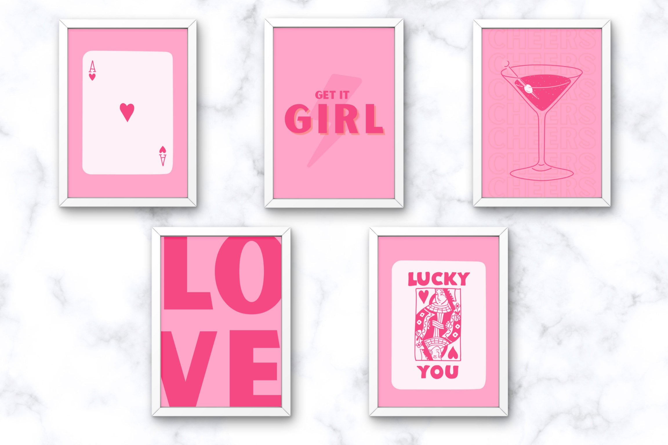 Preppy Pink Wall Art, Girly Pink Wall Art, Set of 5, Pink Dorm Wall Art ...