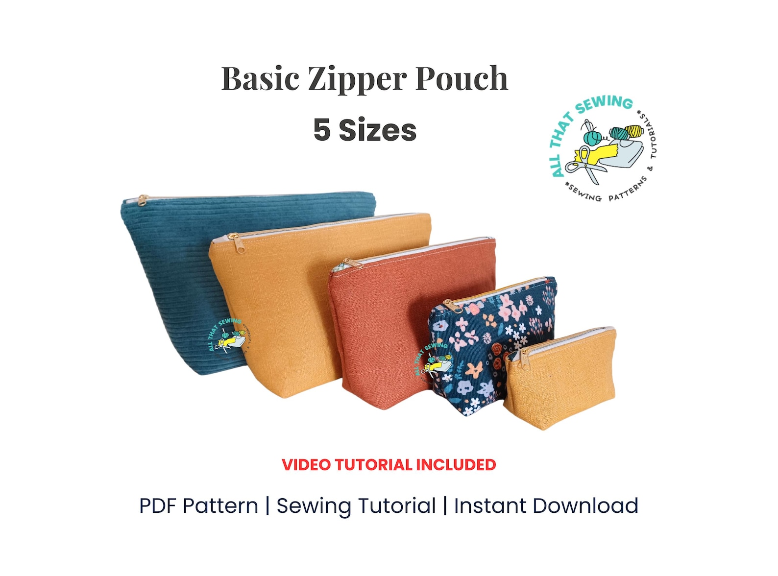 Easy Zipper Pouch Pattern in 5 Sizes, Zipper Pouch Set, DIY Cosmetic ...
