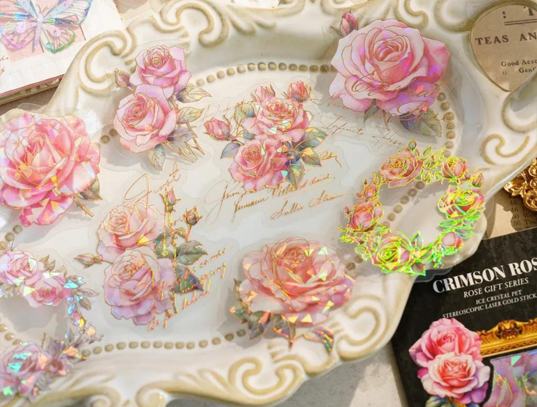20 Holographic Rose Stickers, Cute Stickers, Gold Foil Rose Stickers ...