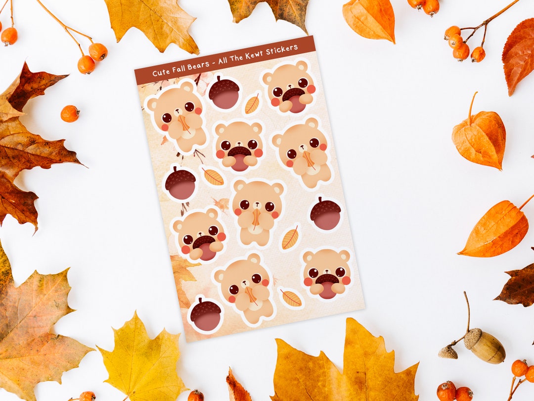 Fall Bears Kawaii Sticker Sheets, Cute Bears and Acorn Stickers, Autumn ...