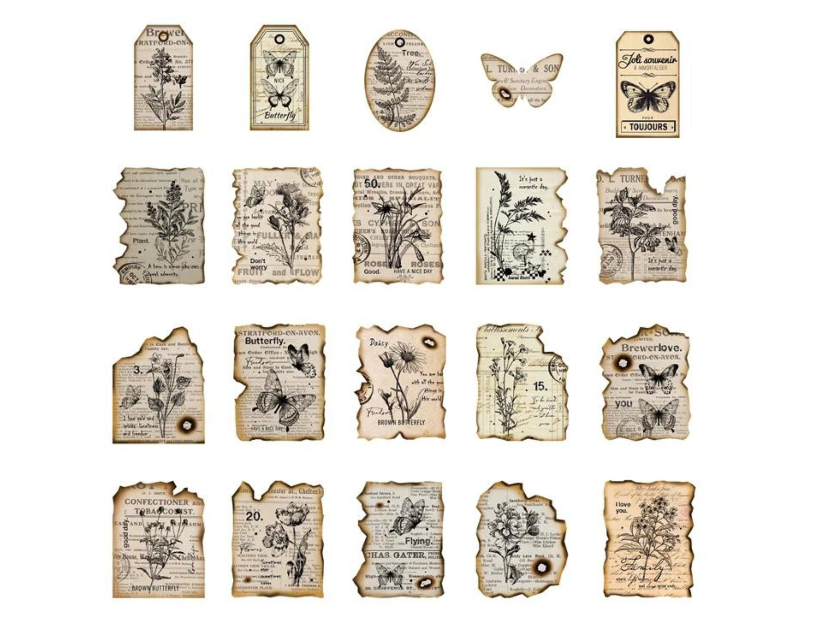 40 Vintage Stickers, Box of Stickers, Twine. Paper Stickers, Burned ...