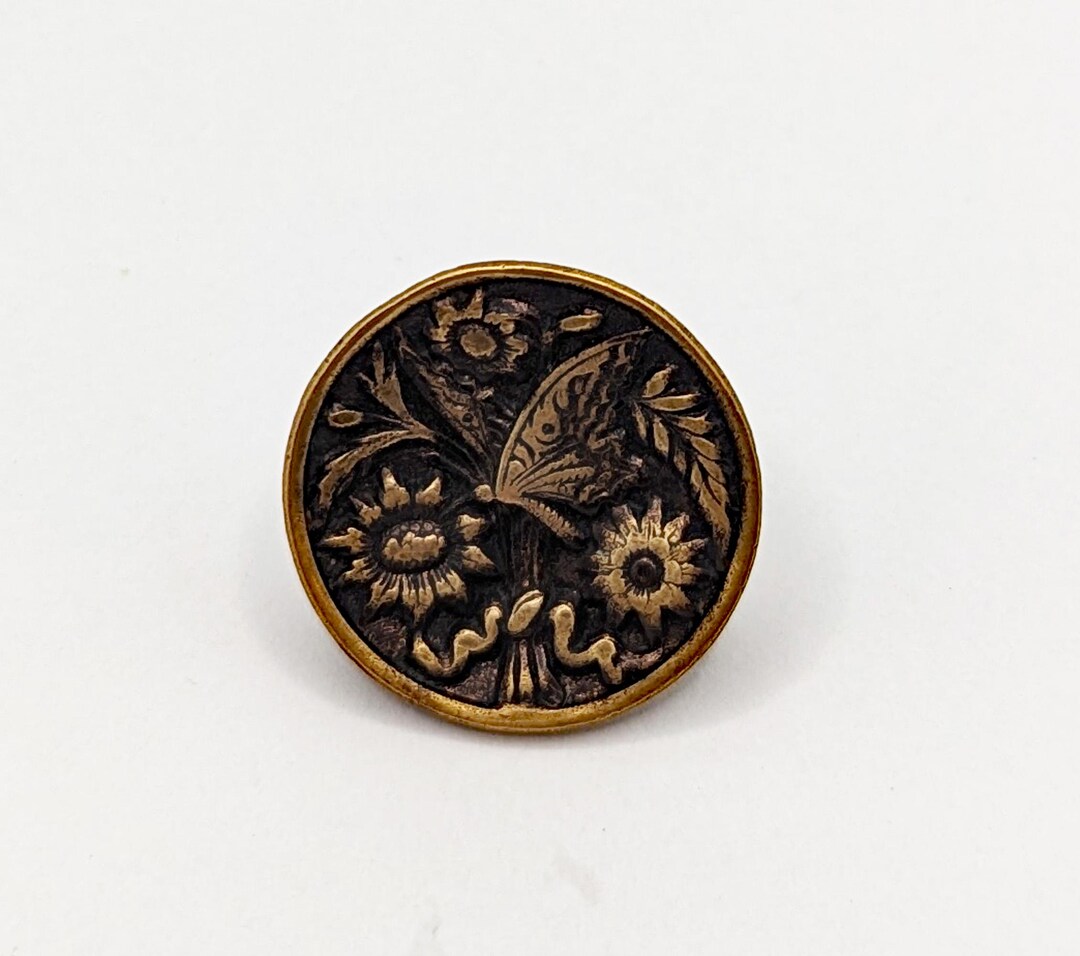 Antique One Piece Stamped Brass Button, Medium, Butterfly and Flowers 7 ...