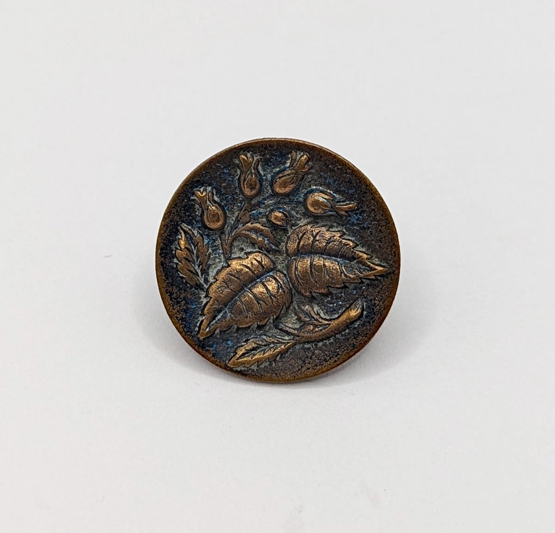 Antique One Piece Stamped Brass Button, Medium, Leaves and Berries 15/ ...