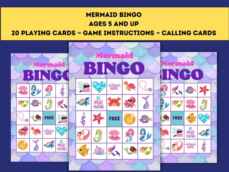 Mermaid Bingo for Kids PRINTABLE Game 20 Mermaid Bingo Cards Kids Game ...