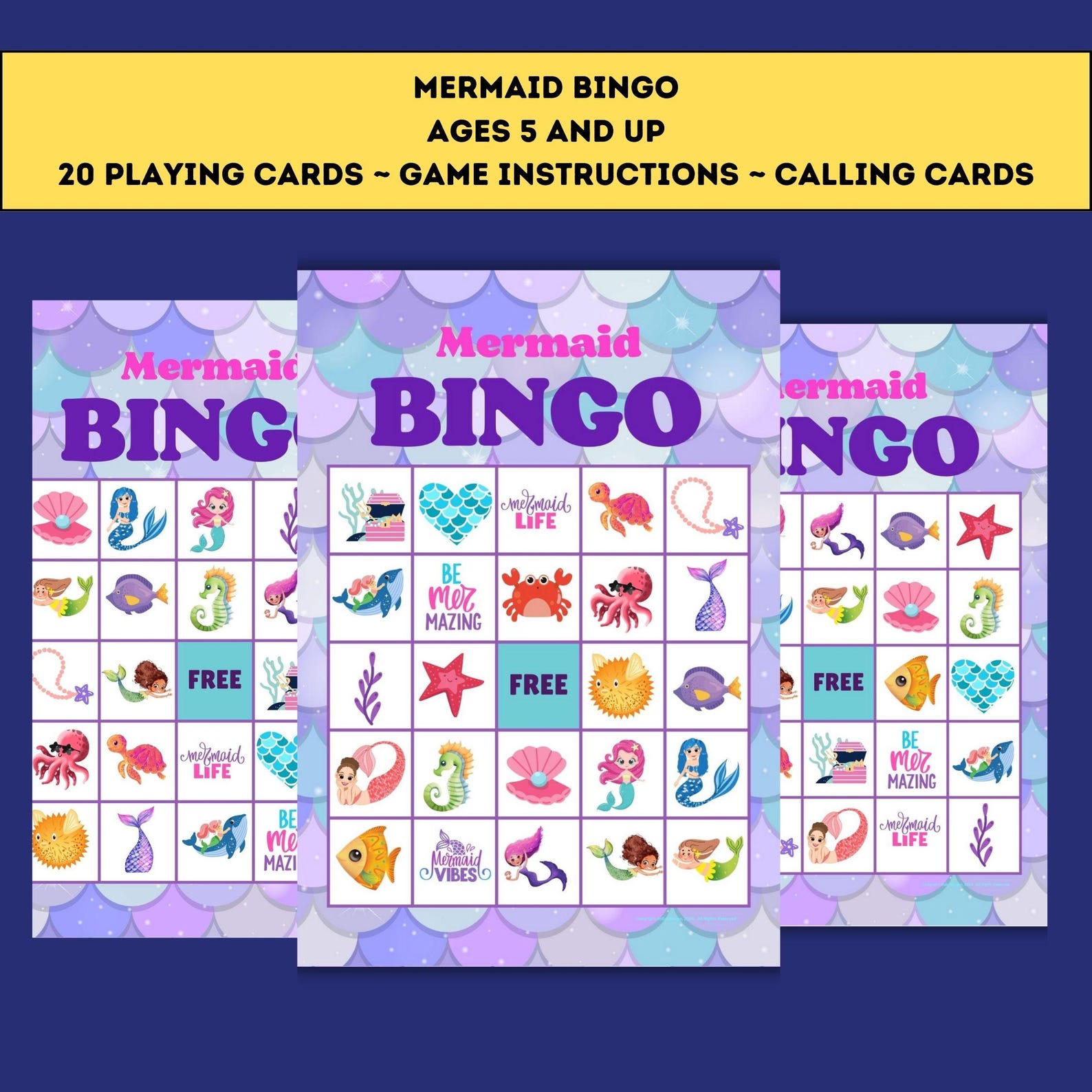 Mermaid Bingo for Kids PRINTABLE Game 20 Mermaid Bingo Cards Kids Game ...