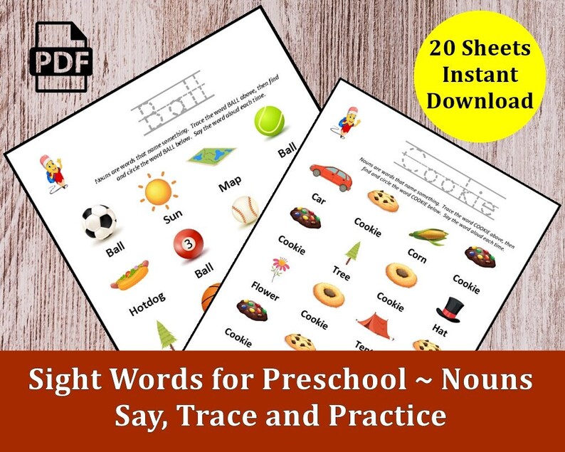 Sight Words for Preschool, Printable Pre-k Worksheets, Nouns, Dolce ...