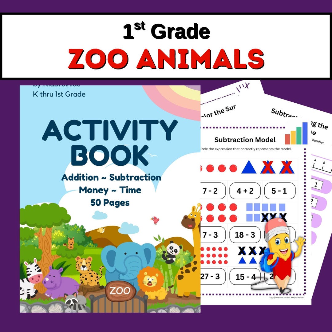 First Grade Zoo Activity Book Math Counting Time Worksheets Printable ...