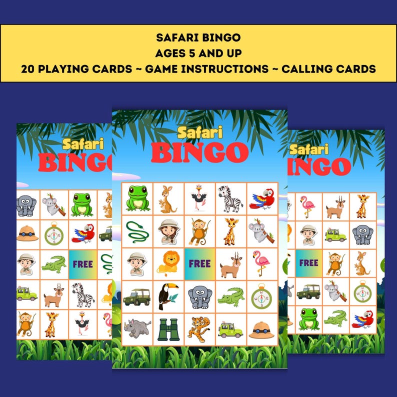 Safari Bingo for Kids PRINTABLE Game 20 Safari Bingo Cards Kids Game ...