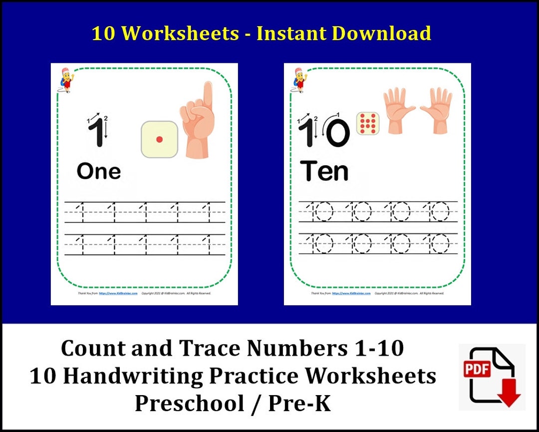 Number Tracing 1-10 Worksheet, Hand Count, Preschool Learn to Write ...