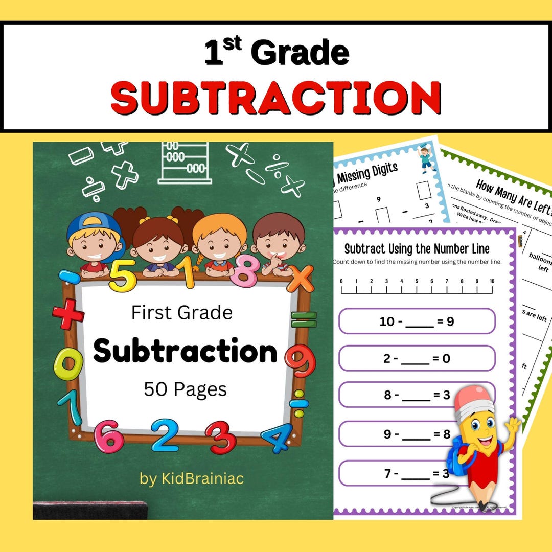 First Grade Subtraction Activity Book: 50 Printable Worksheets (digital ...