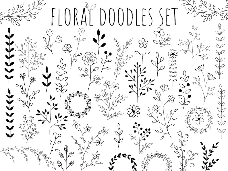 Floral Doodles Flower Elements Set Clip Art Png - Digital Download - Etsy
