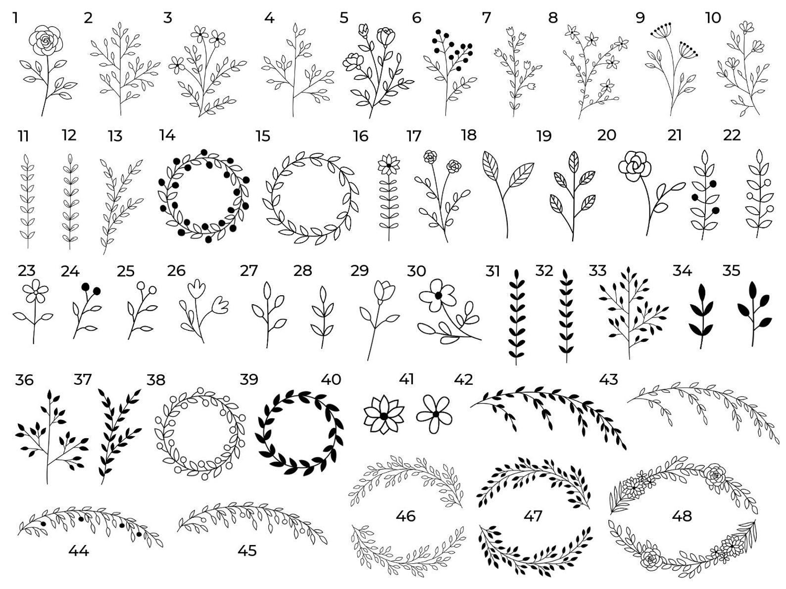 Floral Doodles Flower Elements Set Clip Art Png - Digital Download - Etsy