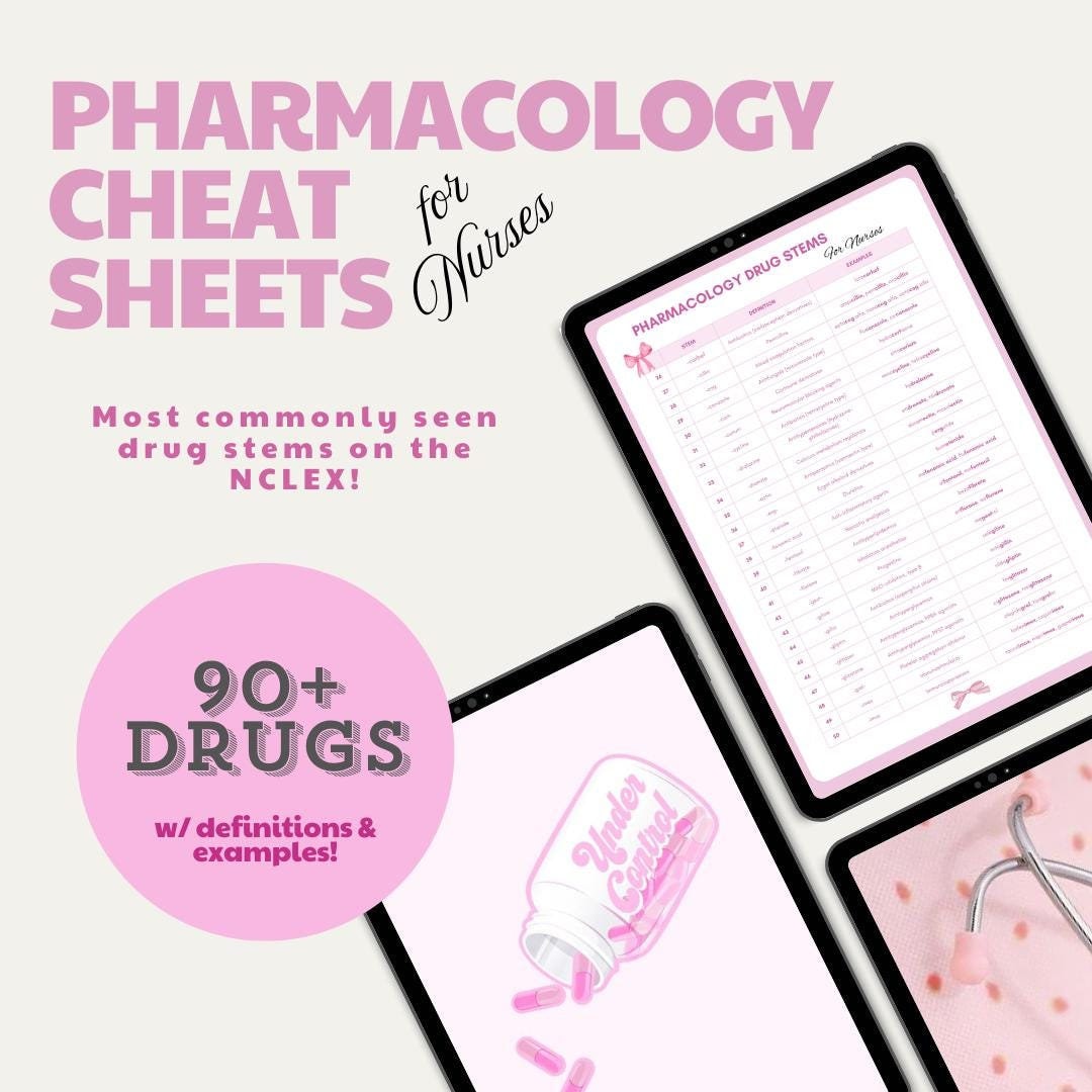 Pink Pharmacology Drug Stem Cheat Sheet for Nursing Students, NCLEX ...