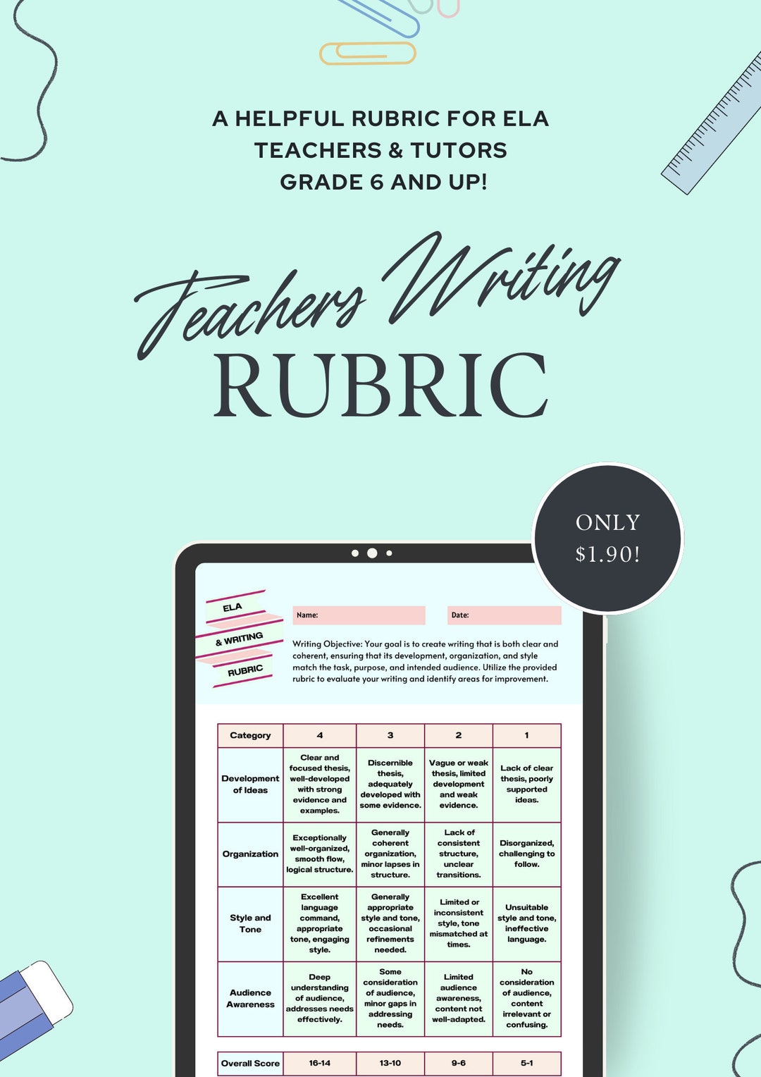 Writing Rubric for Grades 6+: Teacher & Student Assessment (PDF) - Etsy