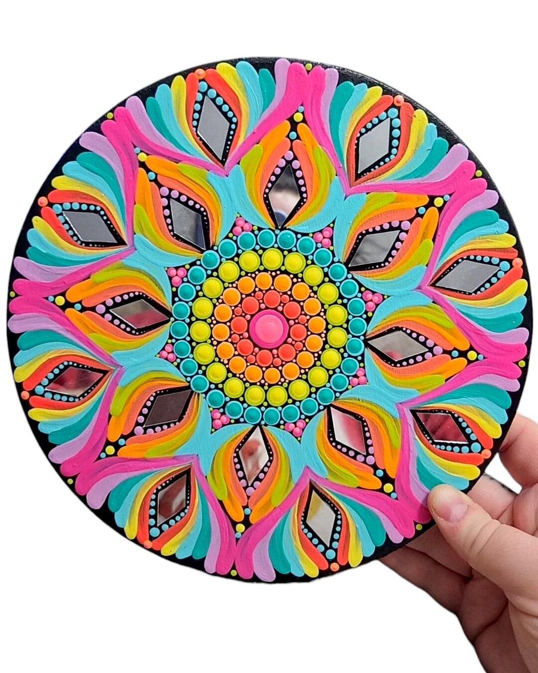 Mirror Mandala Wall Decor 8.5 Dot Art Wood Round Mandala With Mirrors Hand Painted Mandala Dot ...