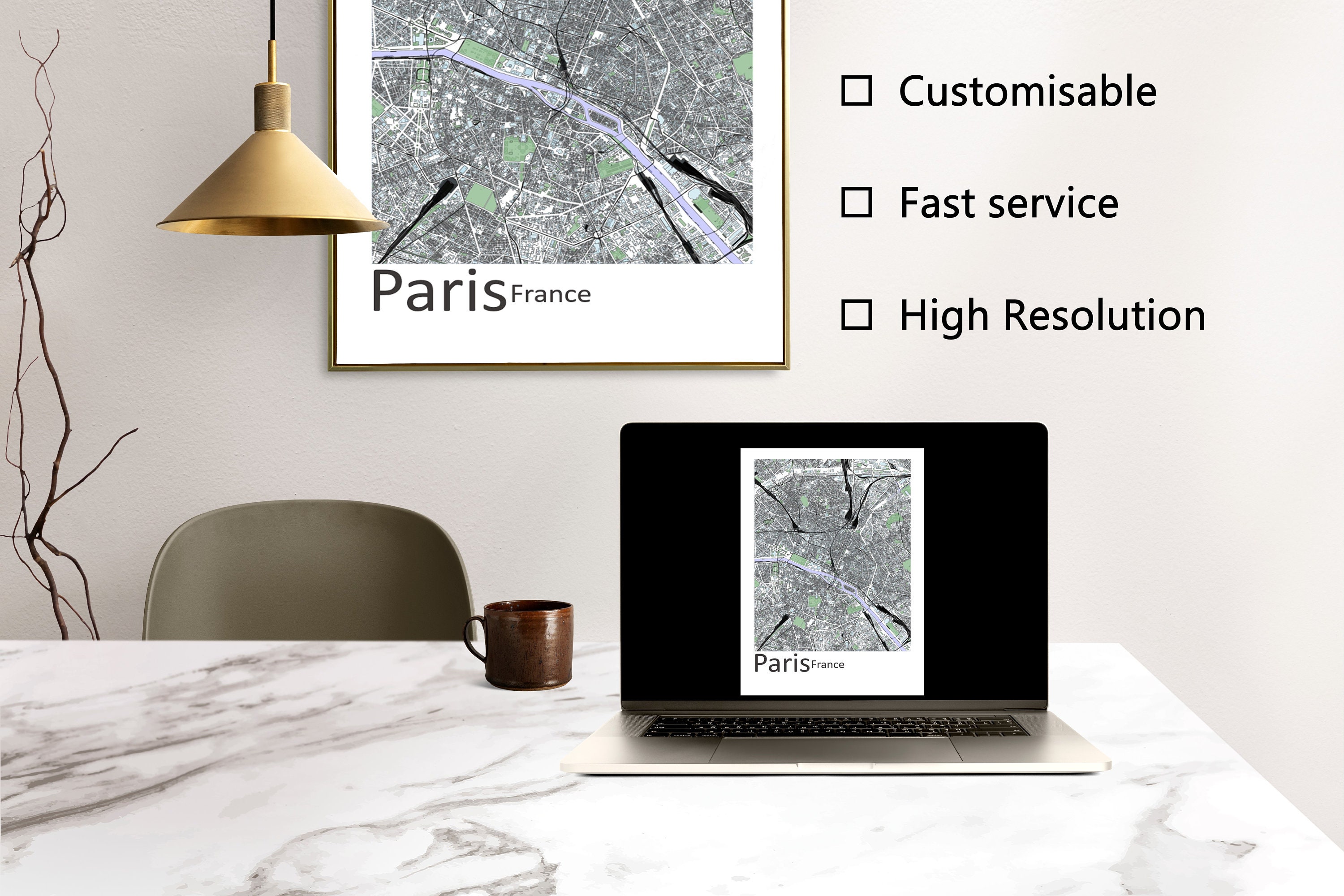 CUSTOMIZABLE Minimalistic Modern Map of , Printable, Realistic Unique ...
