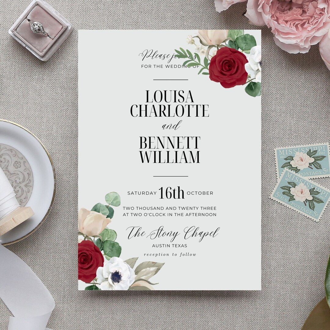 Red Flowers and Greenery Invite | INSTANT DOWNLOAD |red Roses Wedding ...