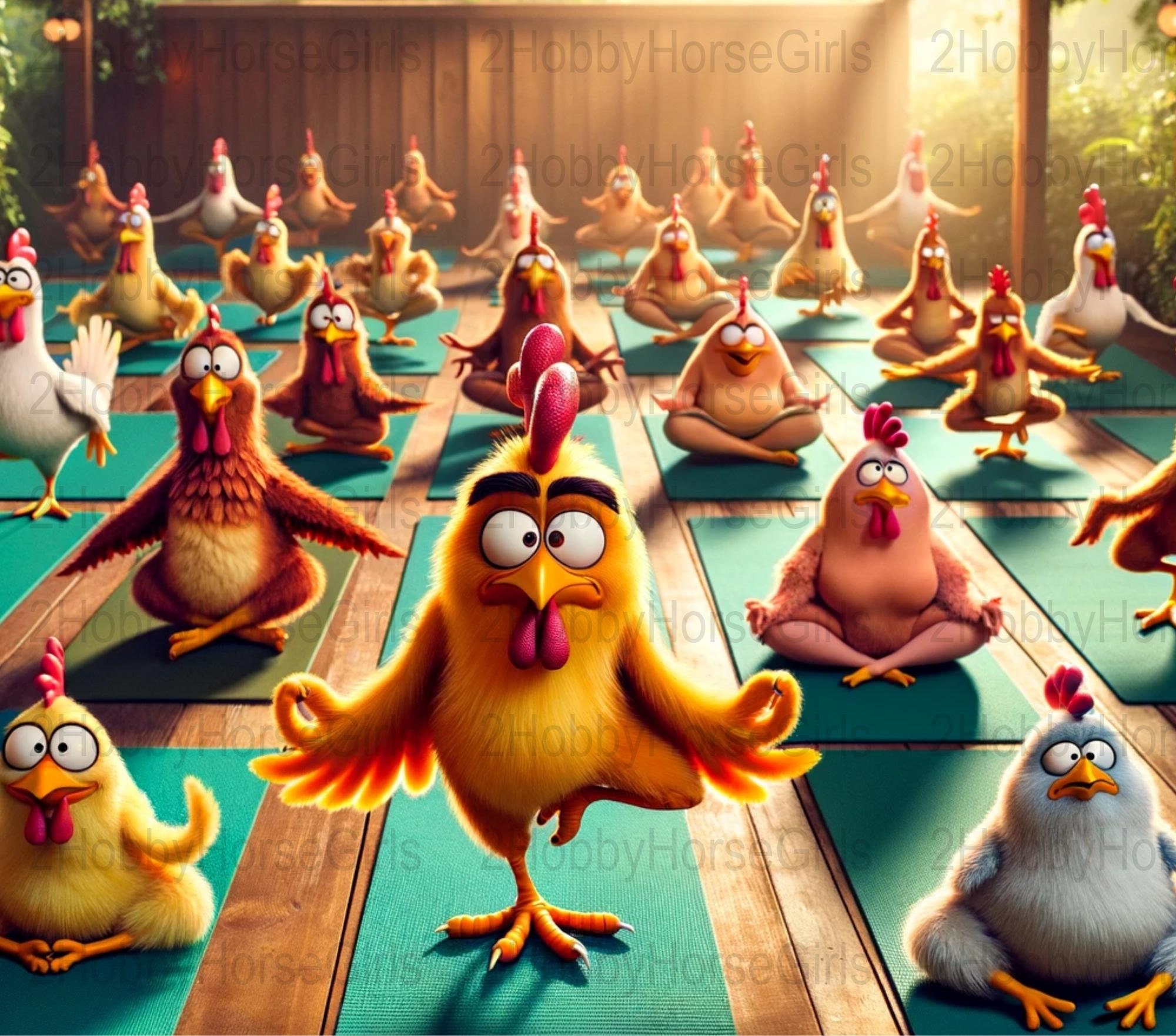 Chicken Yoga Class Cartoon Illustration Tumbler, Funny Yoga Chickens ...