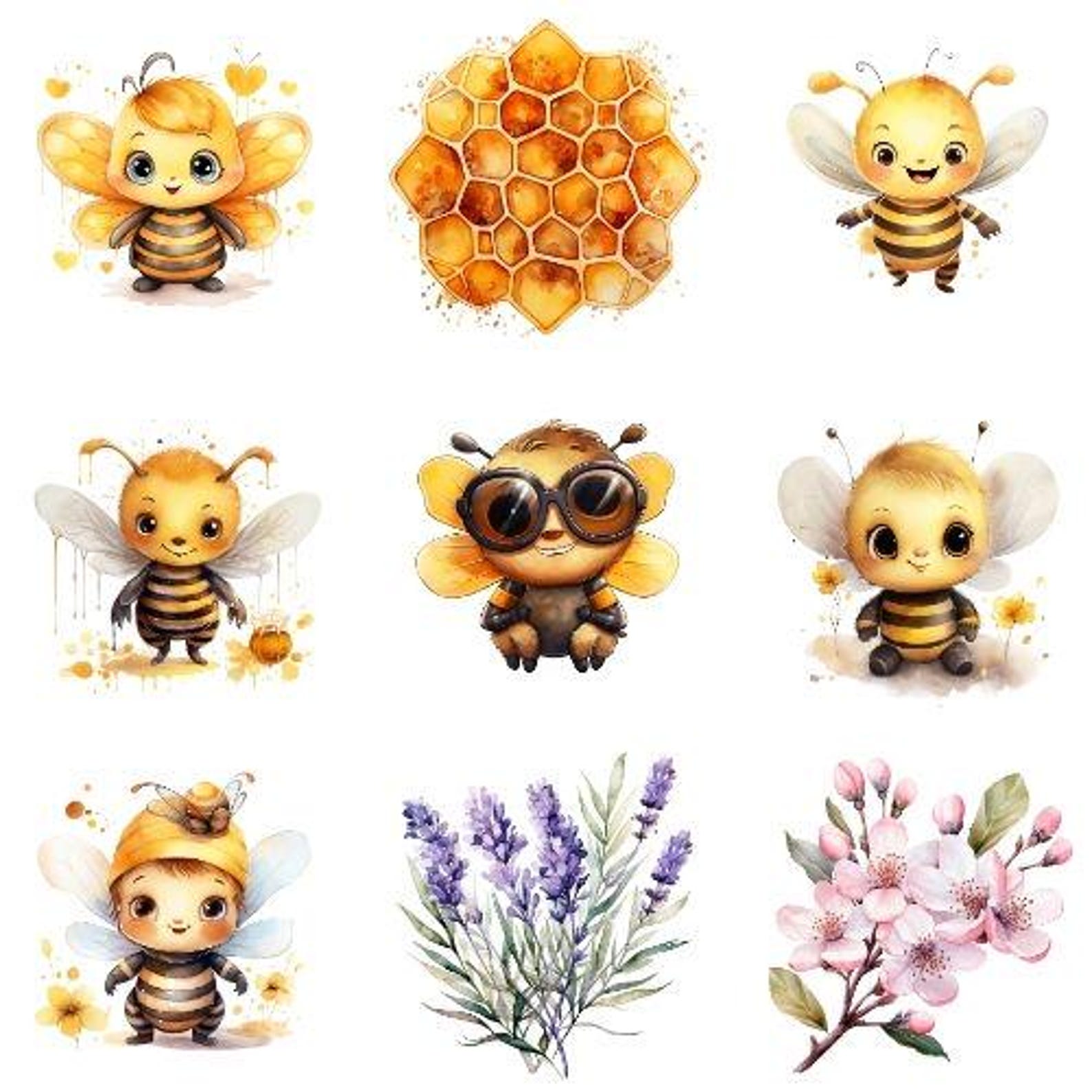 Bee Clipart Bundle, Watercolor Honey Bees, Commercial Use Graphics ...