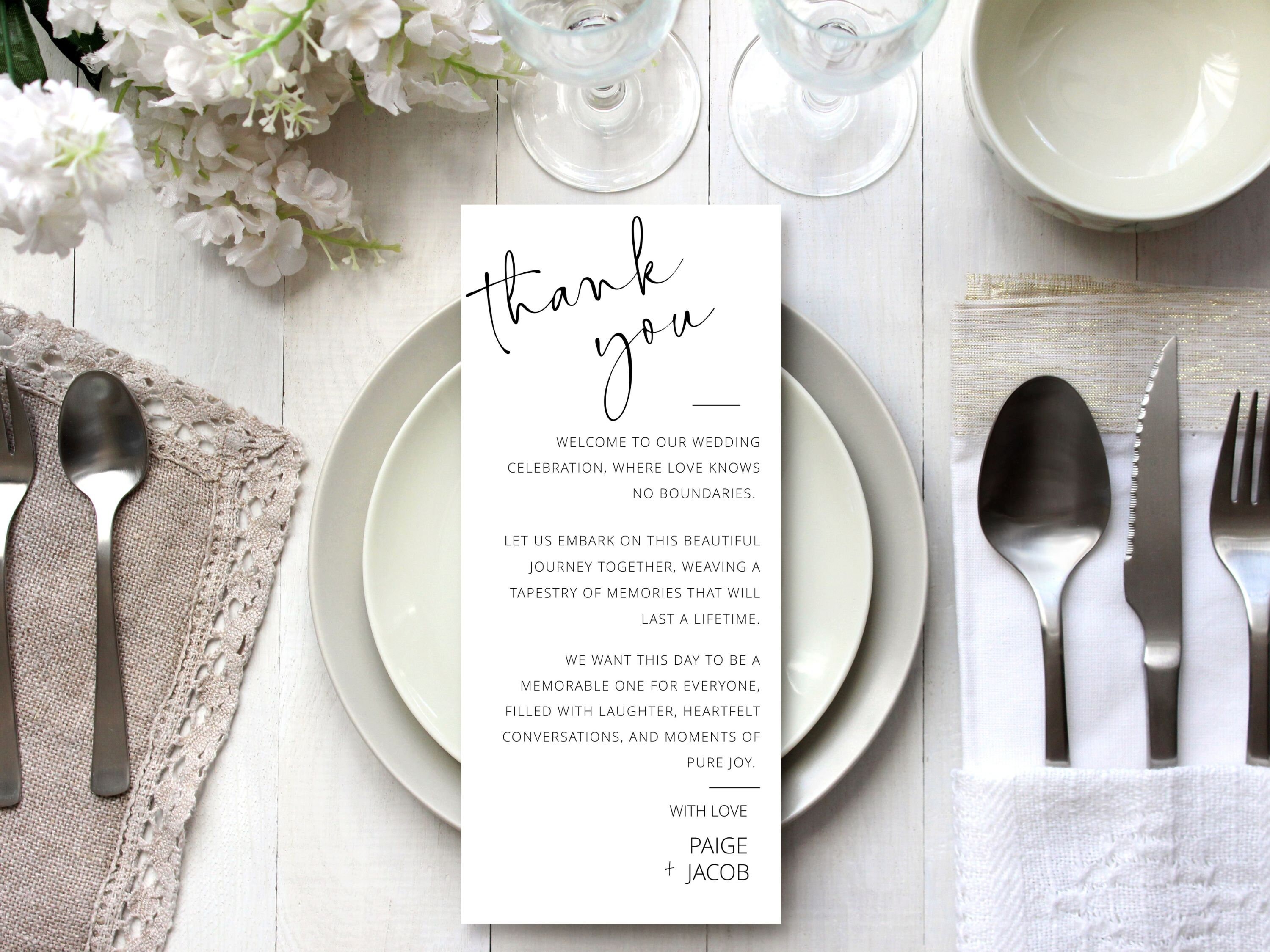Place Setting Thank You Minimalist Thank You Letter Wedding Table Thank ...