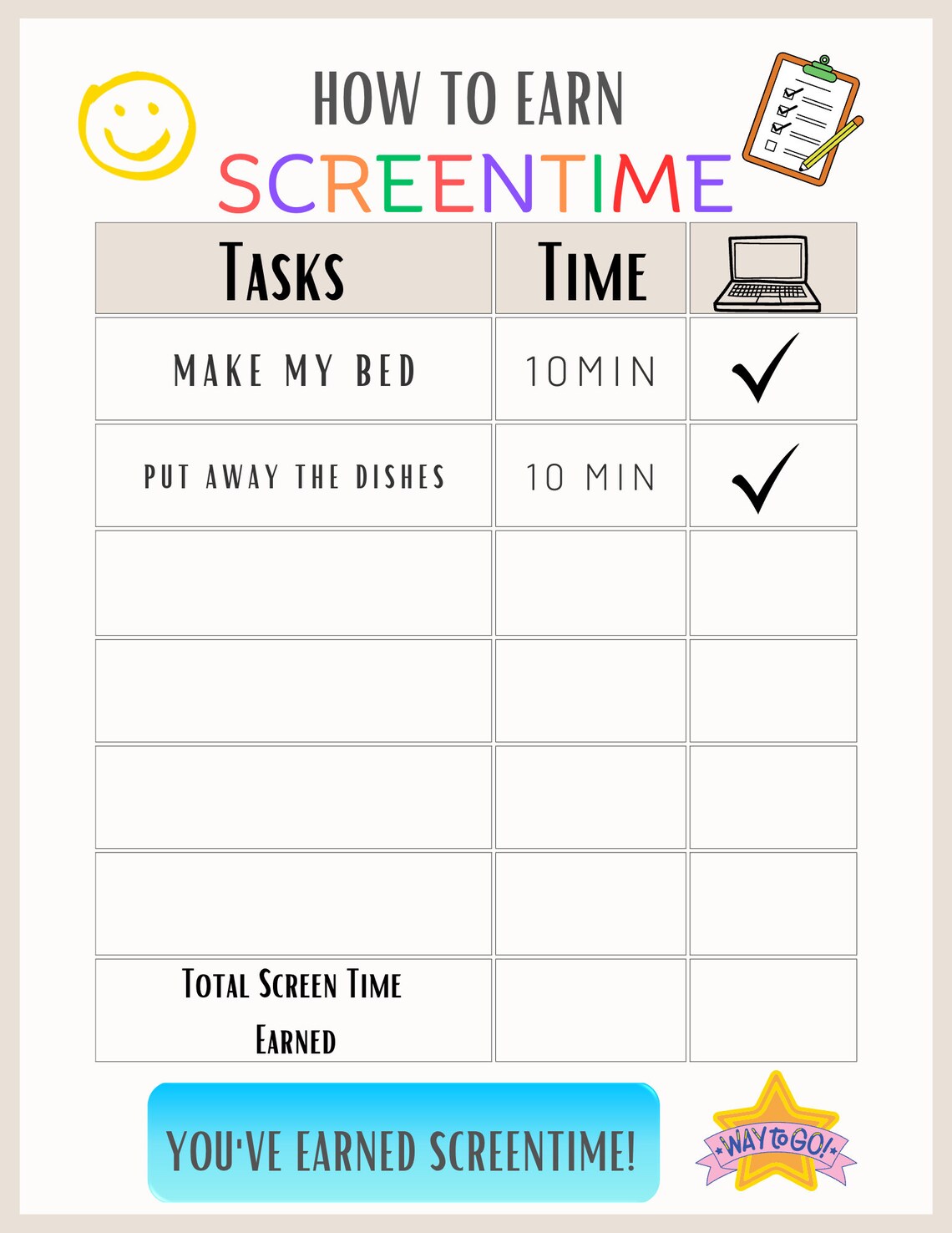 Screen Time Chart Checklist Printable Screen Time Chore Chart Daily ...