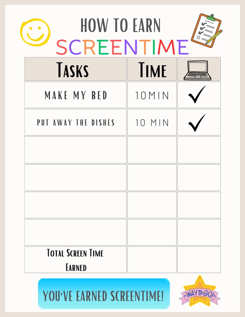 Screen Time Chart Checklist| Printable Screen Time Chore Chart | Daily ...