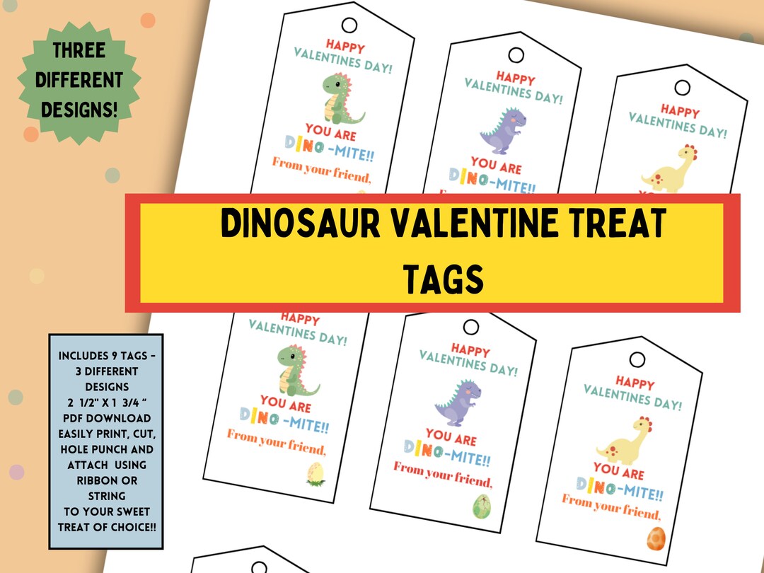 Kids Valentine's Day Dinosaur Dino-mite Gift Tags | Dinosaur Valentine ...