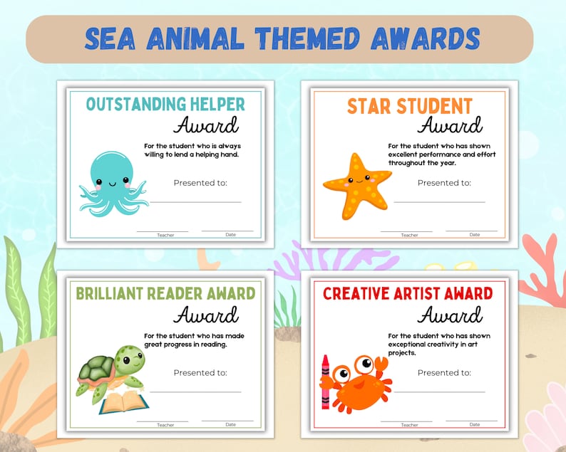Sea Animal Themed End of School Awards, Printable Awards Kindergarten ...