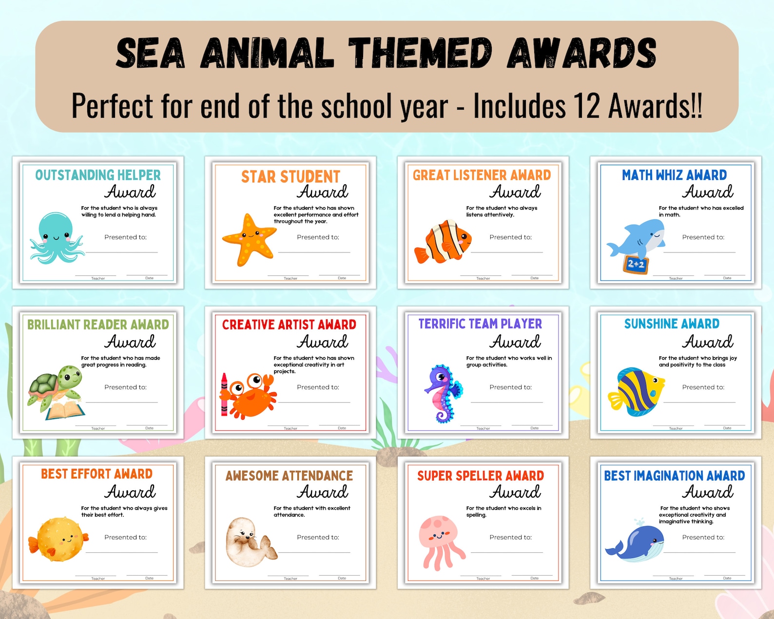 Sea Animal Themed End of School Awards, Printable Awards Kindergarten ...