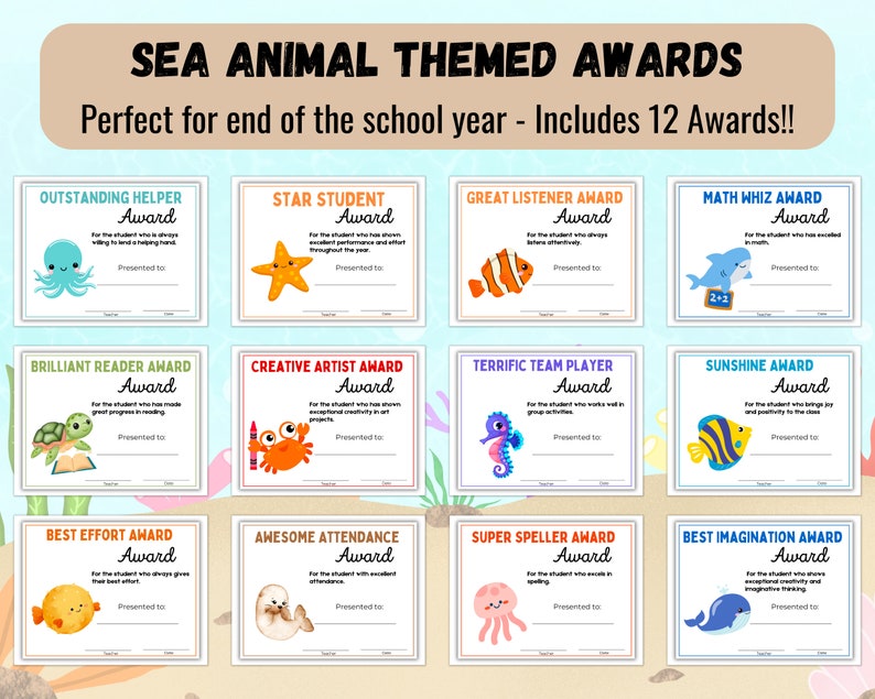 Sea Animal Themed End of School Awards, Printable Awards Kindergarten ...