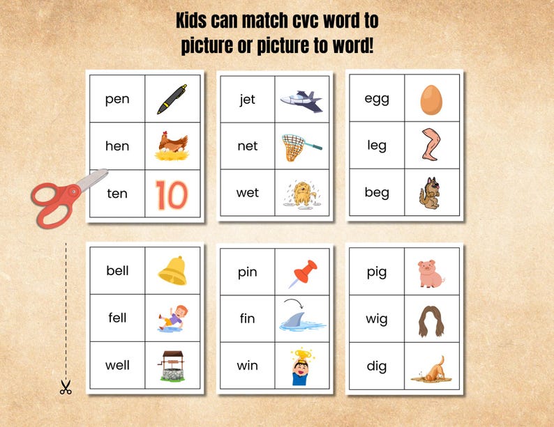 CVC Word Matching Game, Phonics Activity for Kindergarten, Literacy ...
