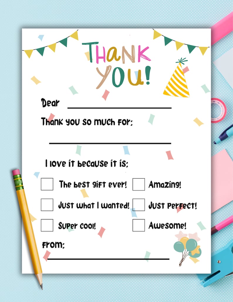 Kids Birthday Thank You Note | Fill in the Blank Thank You Card ...
