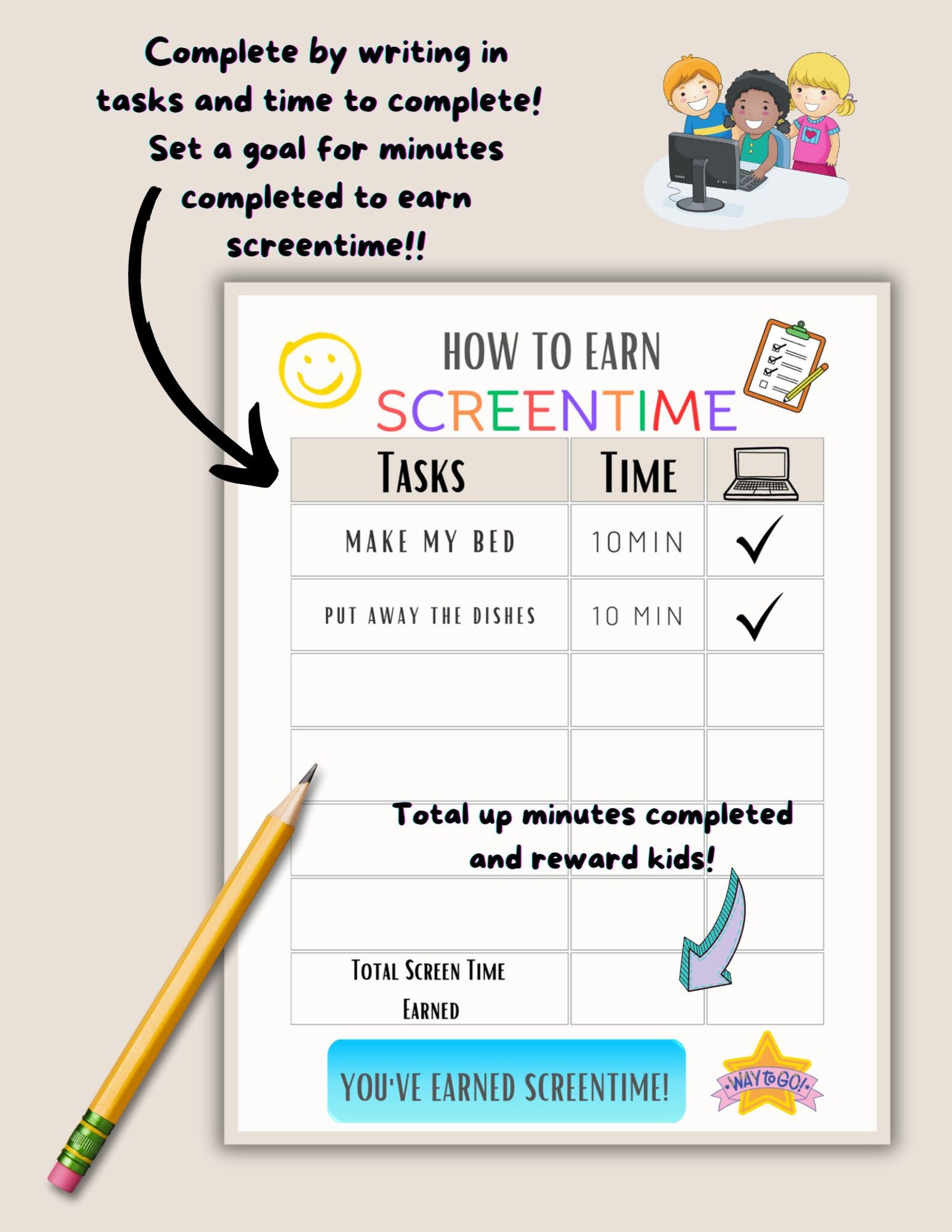 Screen Time Chart Checklist| Printable Screen Time Chore Chart | Daily ...