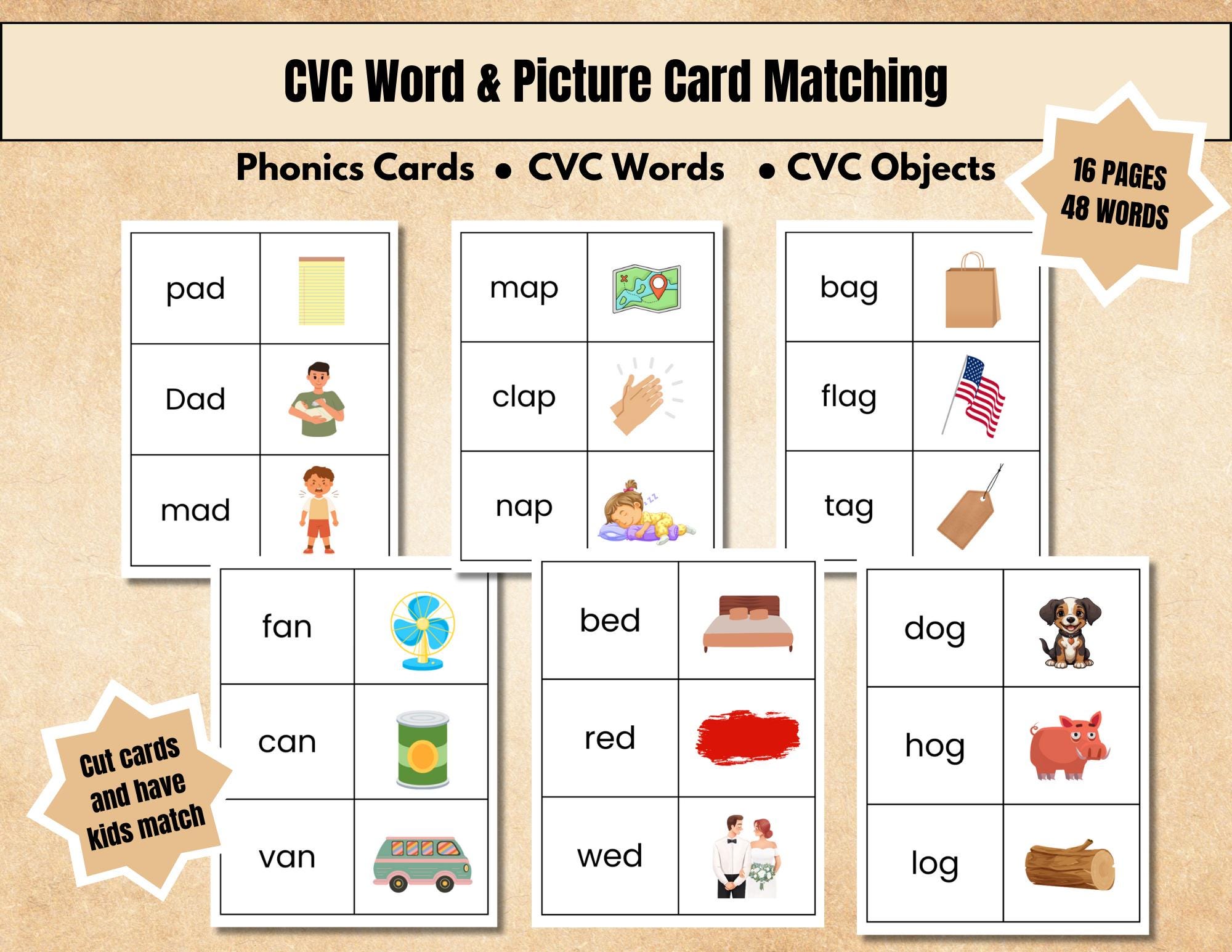 CVC Word Matching Game, Phonics Activity for Kindergarten, Literacy ...