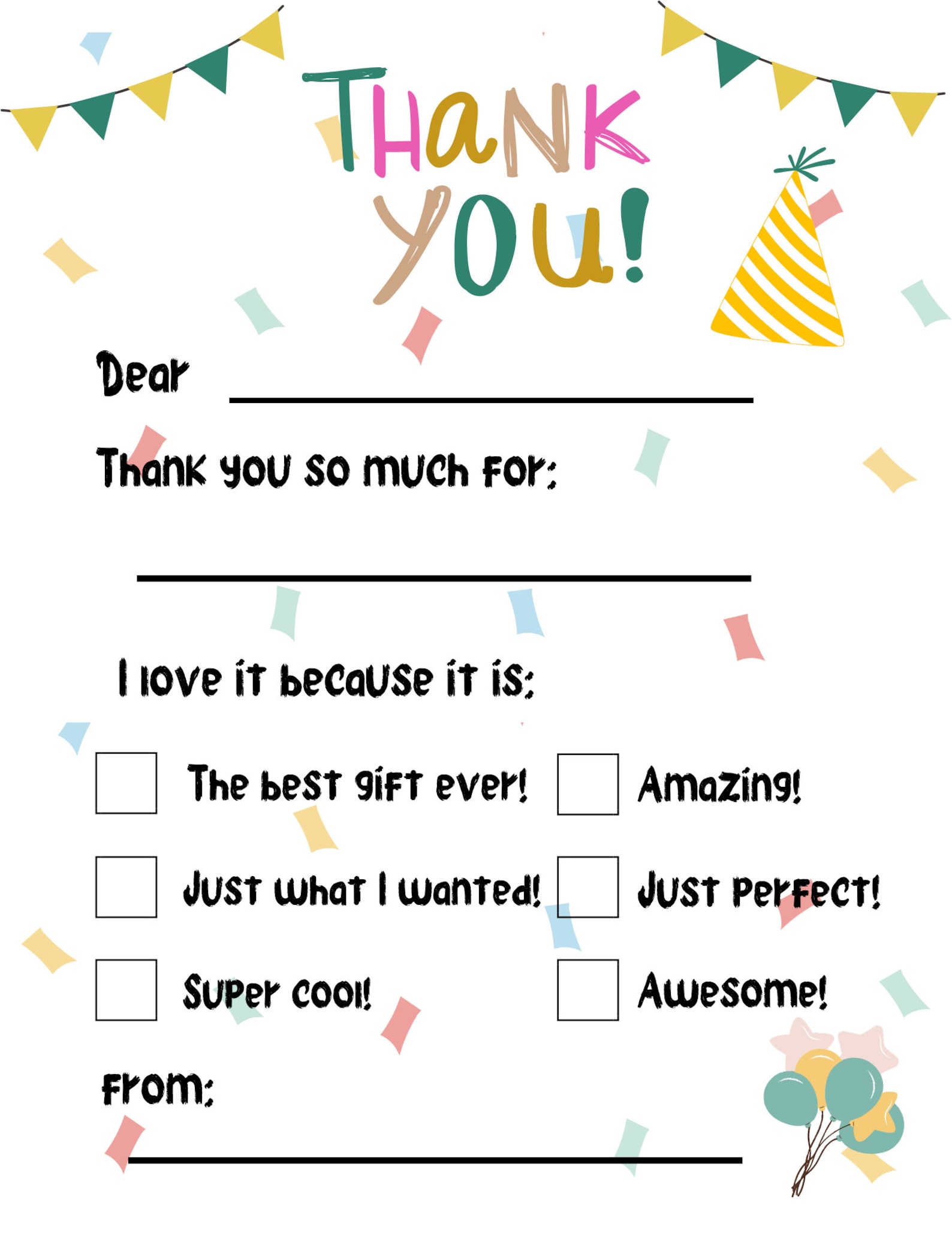 Kids Birthday Thank You Note | Fill in the Blank Thank You Card ...
