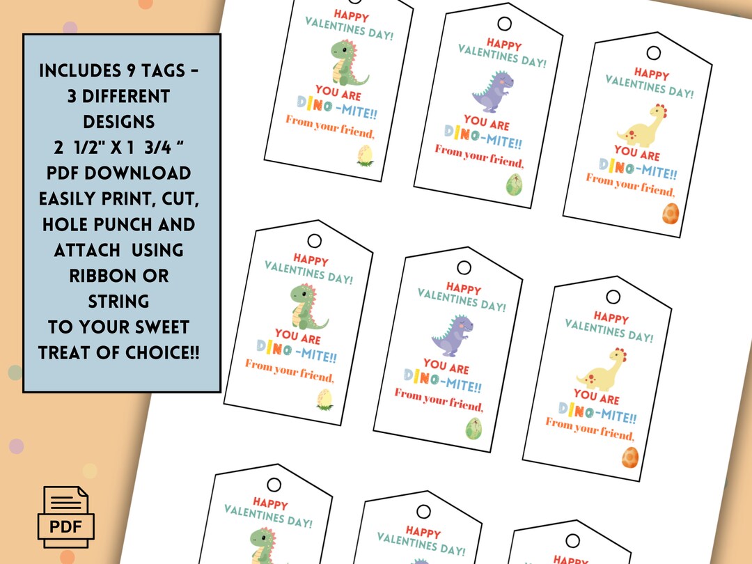 Kids Valentine's Day Dinosaur Dino-mite Gift Tags | Dinosaur Valentine ...