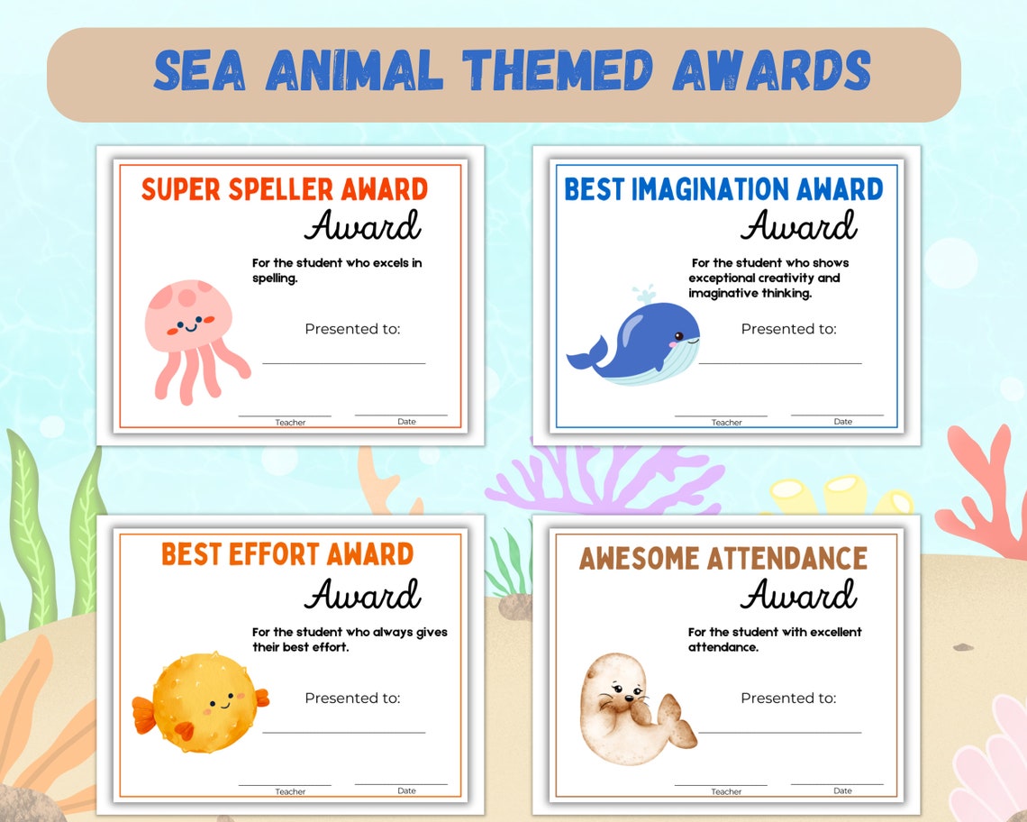 End of School Year Awards, Printable Sea Animal Themed Awards for ...