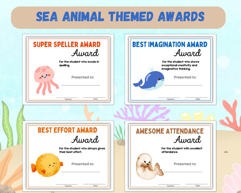 Sea Animal Themed End of School Awards, Printable Awards Kindergarten ...