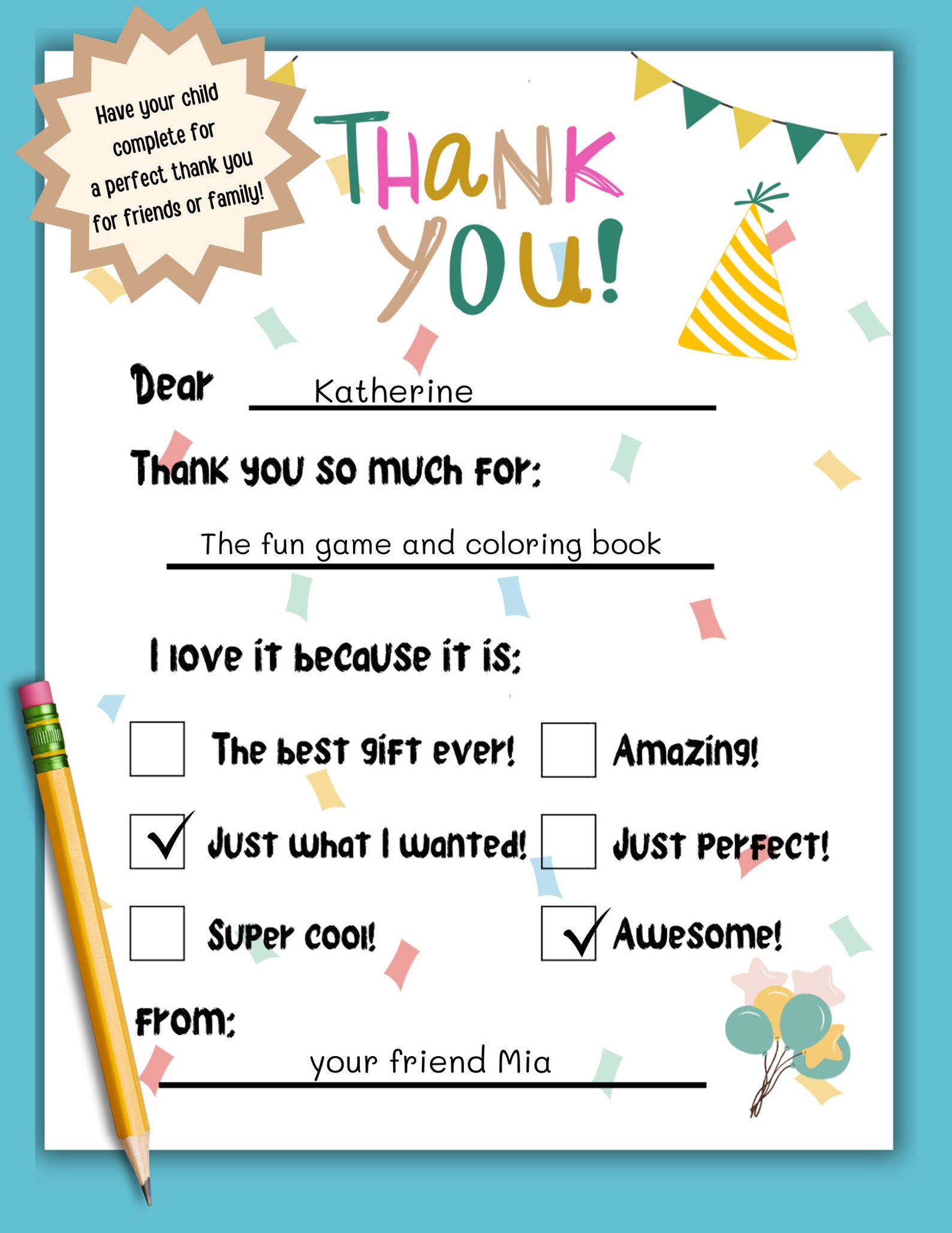 Kids Birthday Thank You Note | Fill in the Blank Thank You Card ...