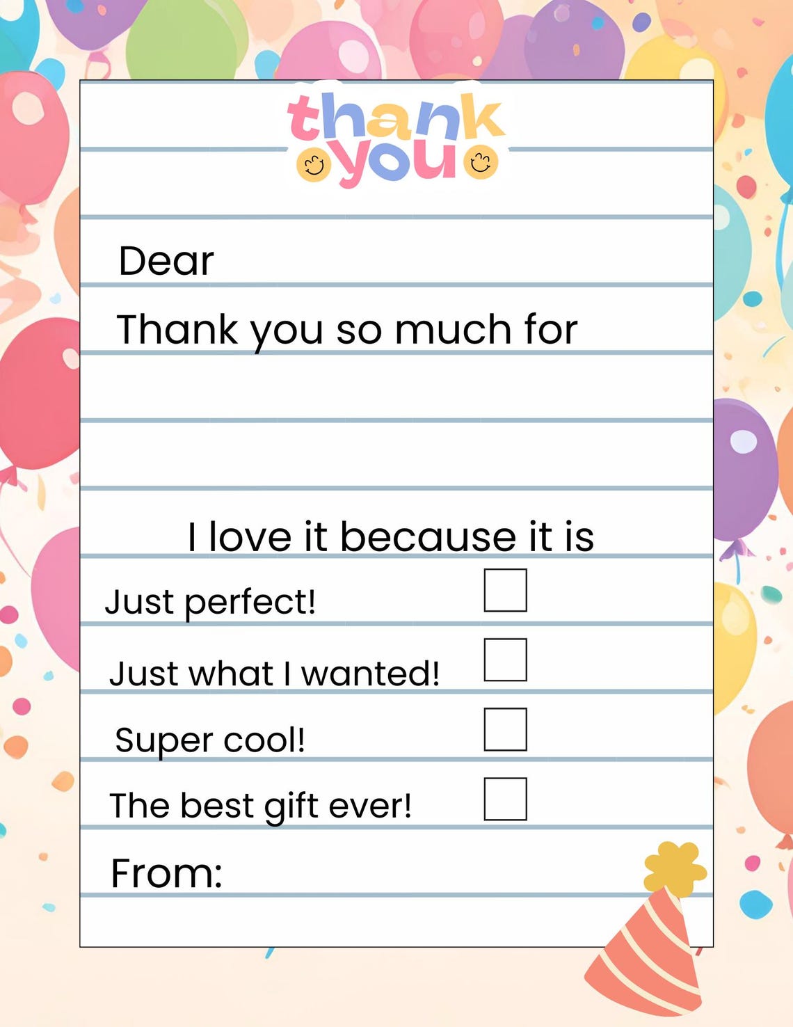 Kids Birthday Thank You Note | Fill in the Blank Thank You Card ...