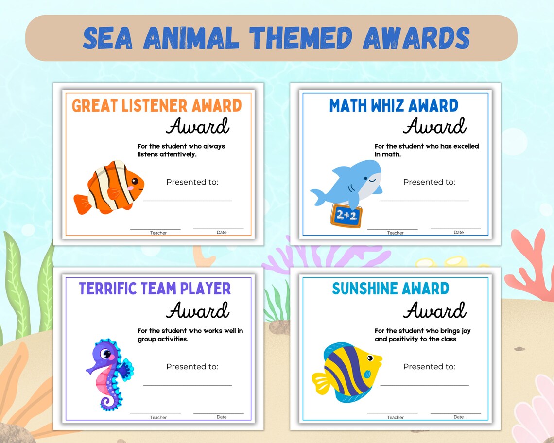 Sea Animal Themed End of School Awards, Printable Awards Kindergarten ...