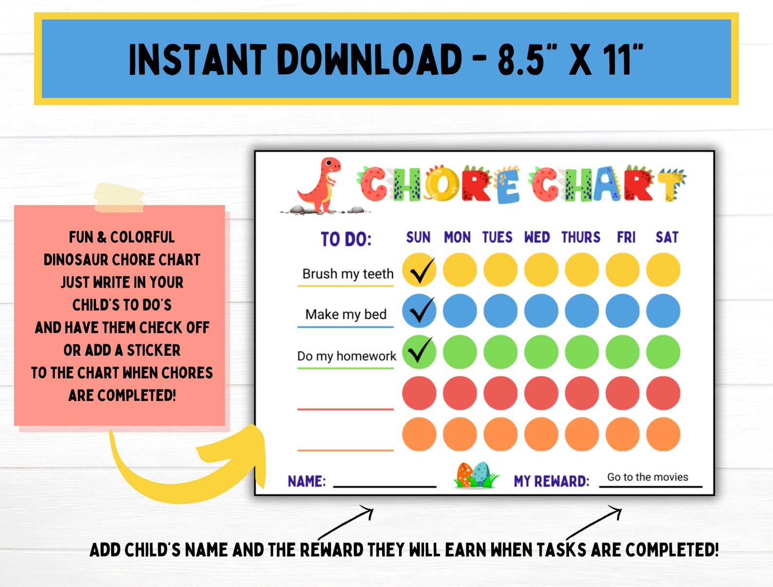 Kids Chore Chart Dinosaur Chore Chart Responsibility Chart Kids Daily ...