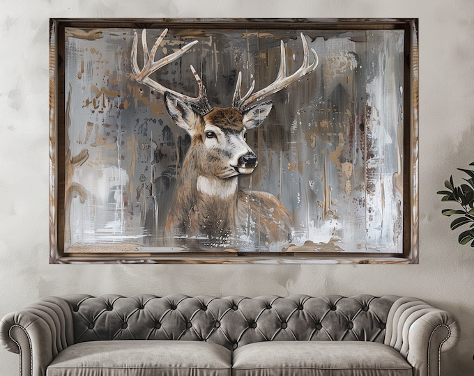 Deer Canvas Print Rustic Wall Art Deer Painting Print Farmhouse Decor ...