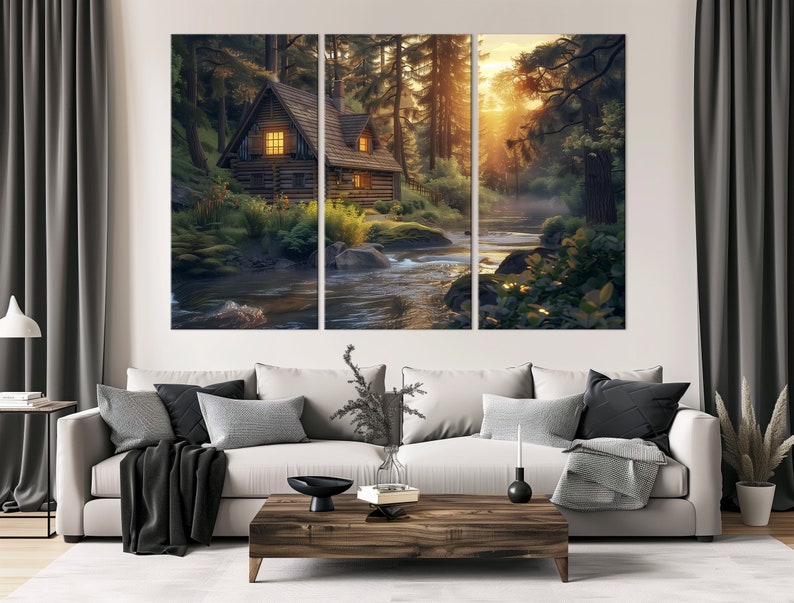 Cabin in Forest Canvas Wall Art, Rustic River Landscape Print - Etsy