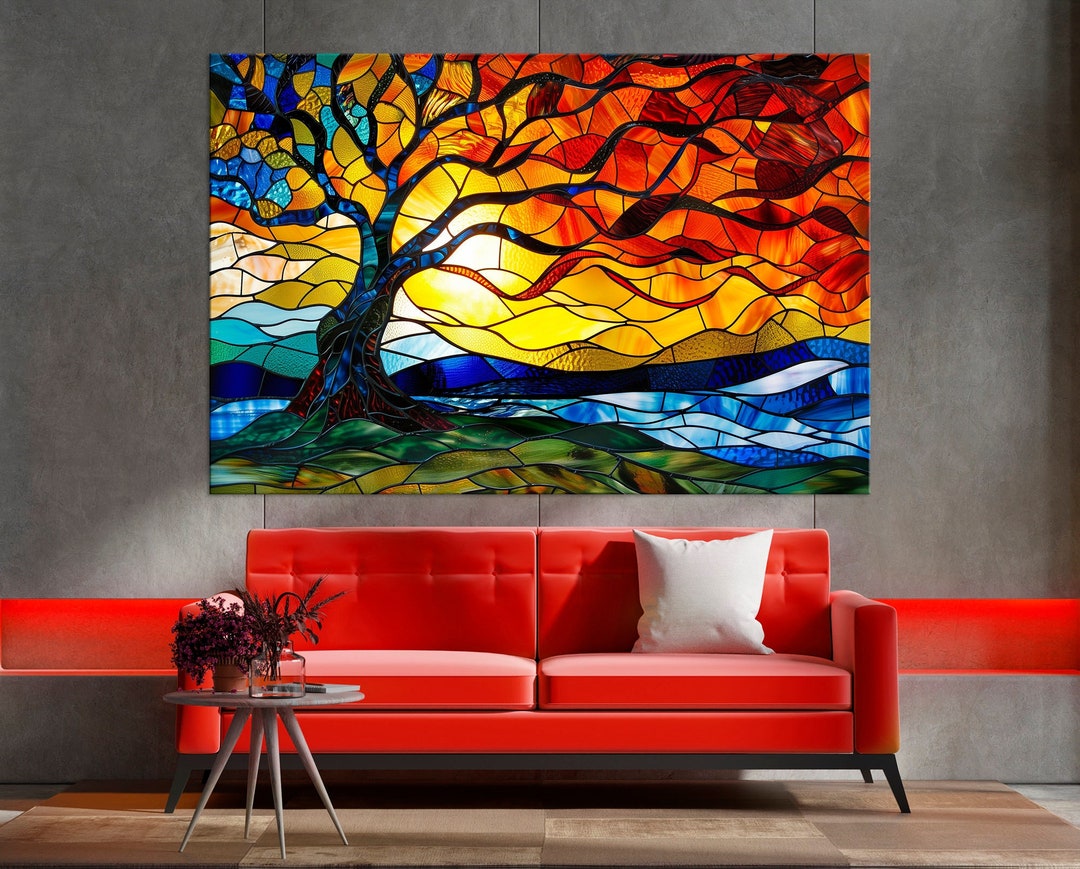 Vibrant Mosaic Tree Wall Art Stained Glass Tree Canvas Print Tree of ...