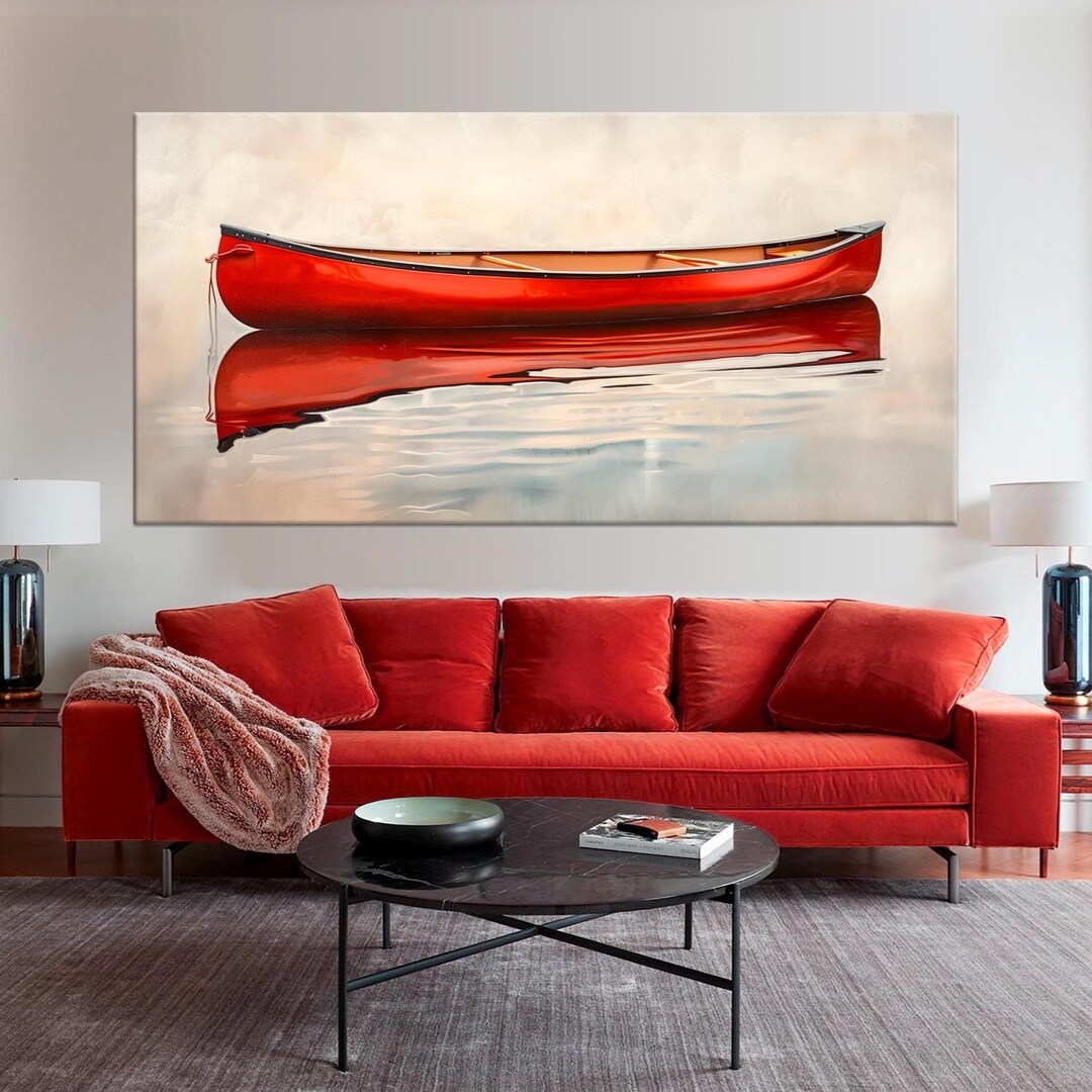 Red Canoe Large Canvas Wall Art Prints Red Boat Painting Print Coastal ...