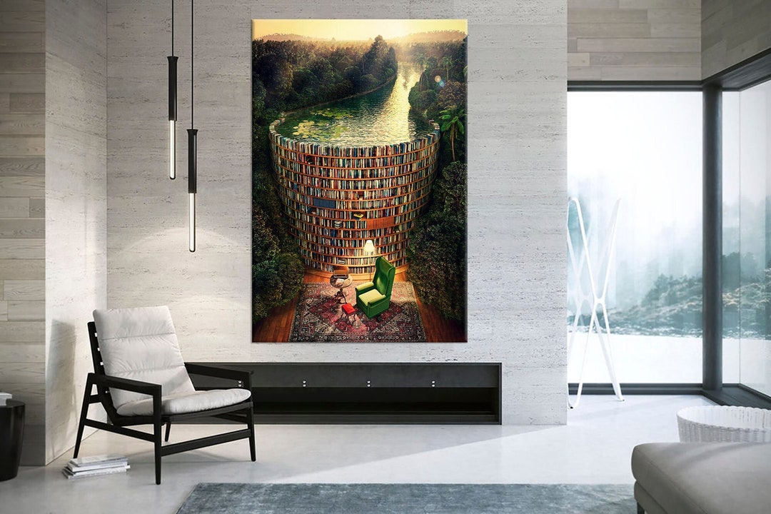Surreal Library Canvas Wall Art Book Dam Home Library Decor Surreal Art ...