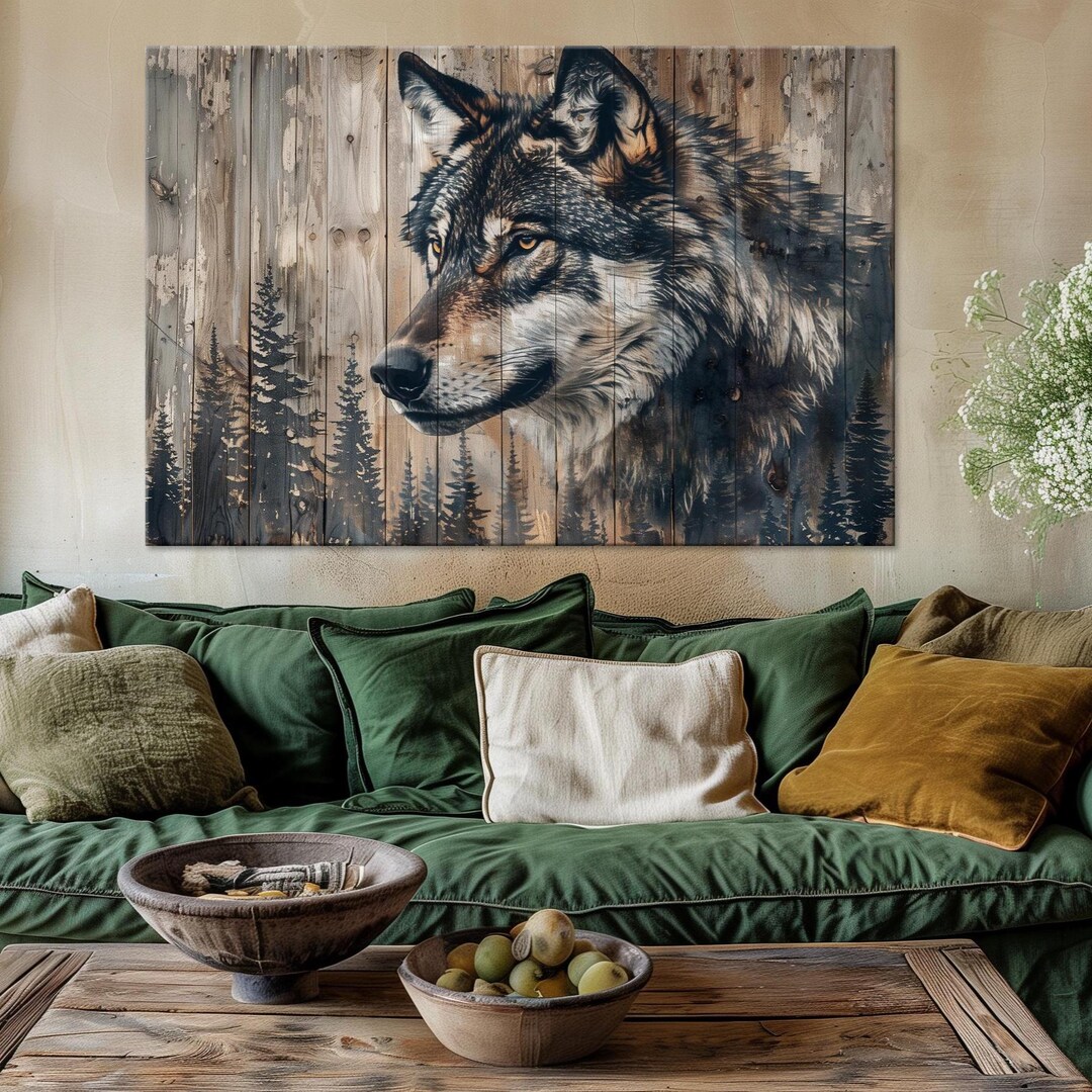 Wolf Portrait Large Canvas Wall Art Prints Wolf Painting Pine Trees Art ...
