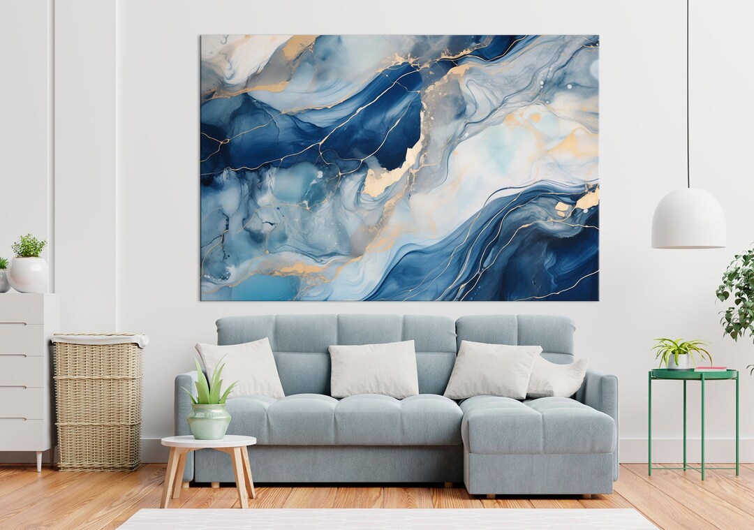 Blue Navy Gold Abstract Canvas Blue Fluid Art Modern Wall Art Abstract ...